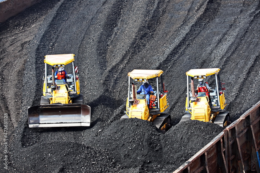 Loading coal from cargo barges onto a bulk carrier using ship cranes ...