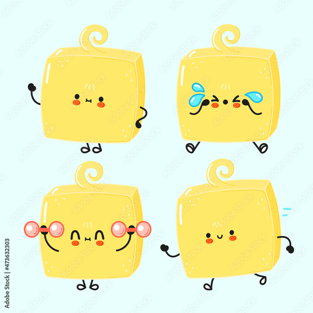 Vetor de Funny cute happy butter characters bundle set. Vector kawaii ...