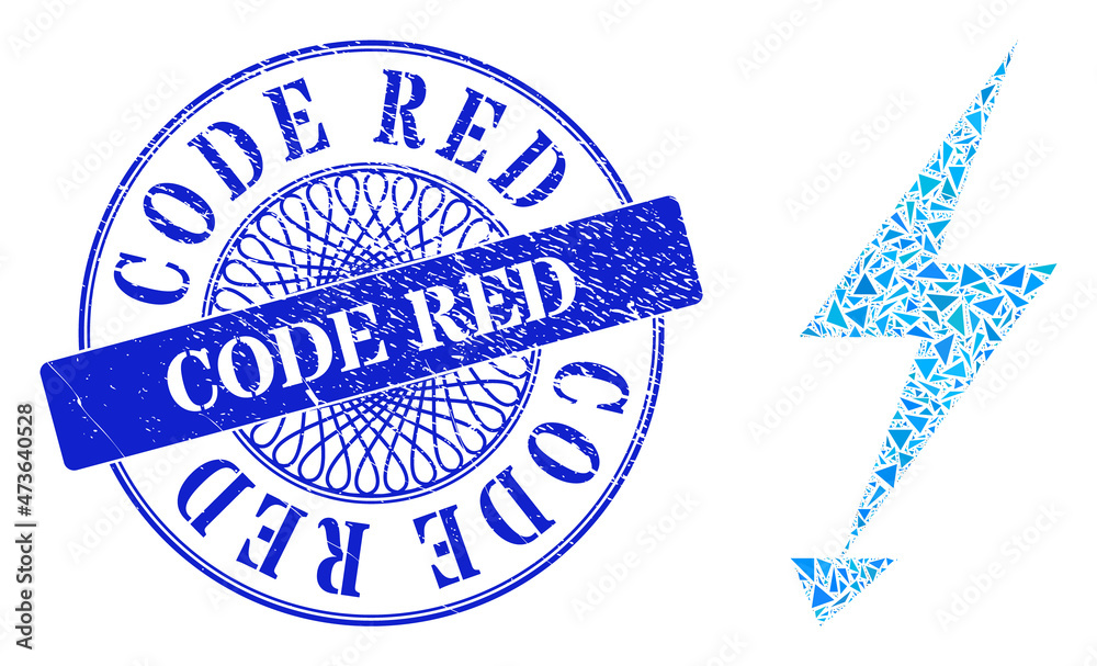 Electric strike mosaic of triangle, and Code Red dirty stamp seal. Blue ...