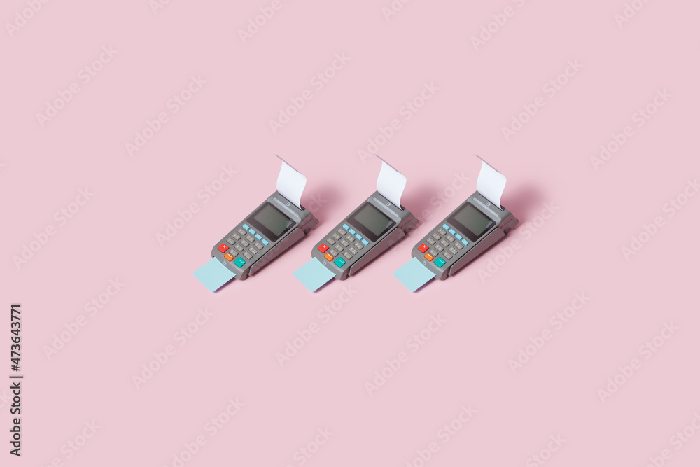 Three payment terminals with cards and receipts Stock Photo | Adobe Stock