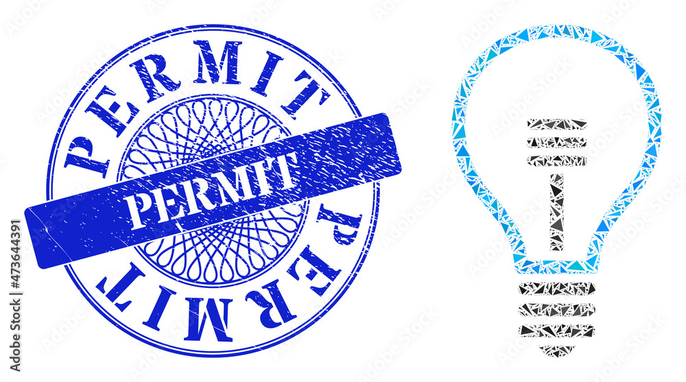 Lamp bulb collage of triangle, and Permit unclean stamp. Blue stamp has ...