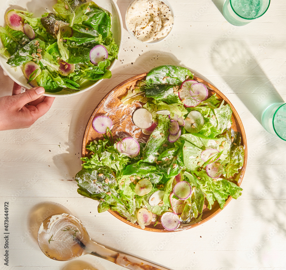 Large setting of leafy green salad with radish slices with hand serving ...