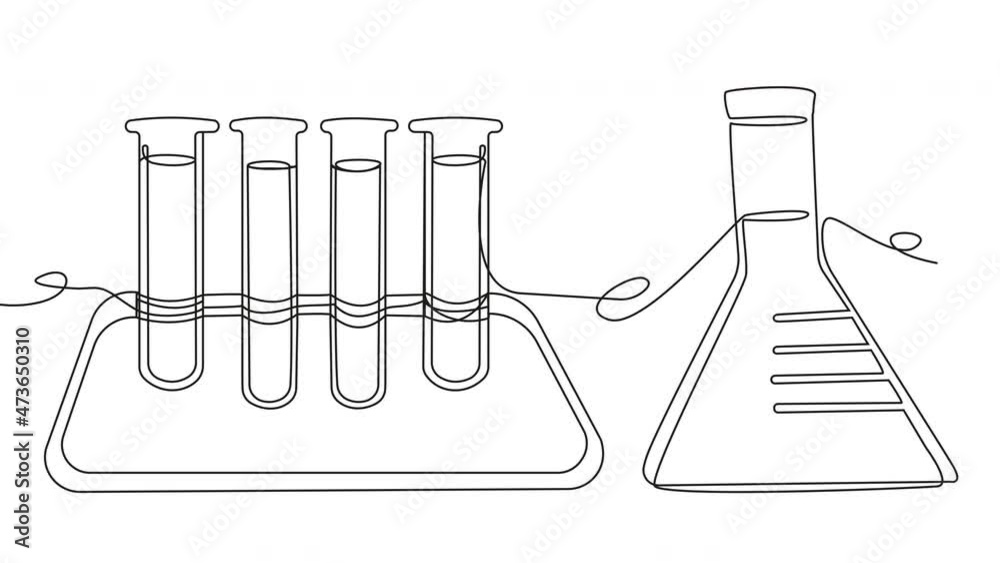 Self-drawing laboratory test tubes and flask in one line on a white ...