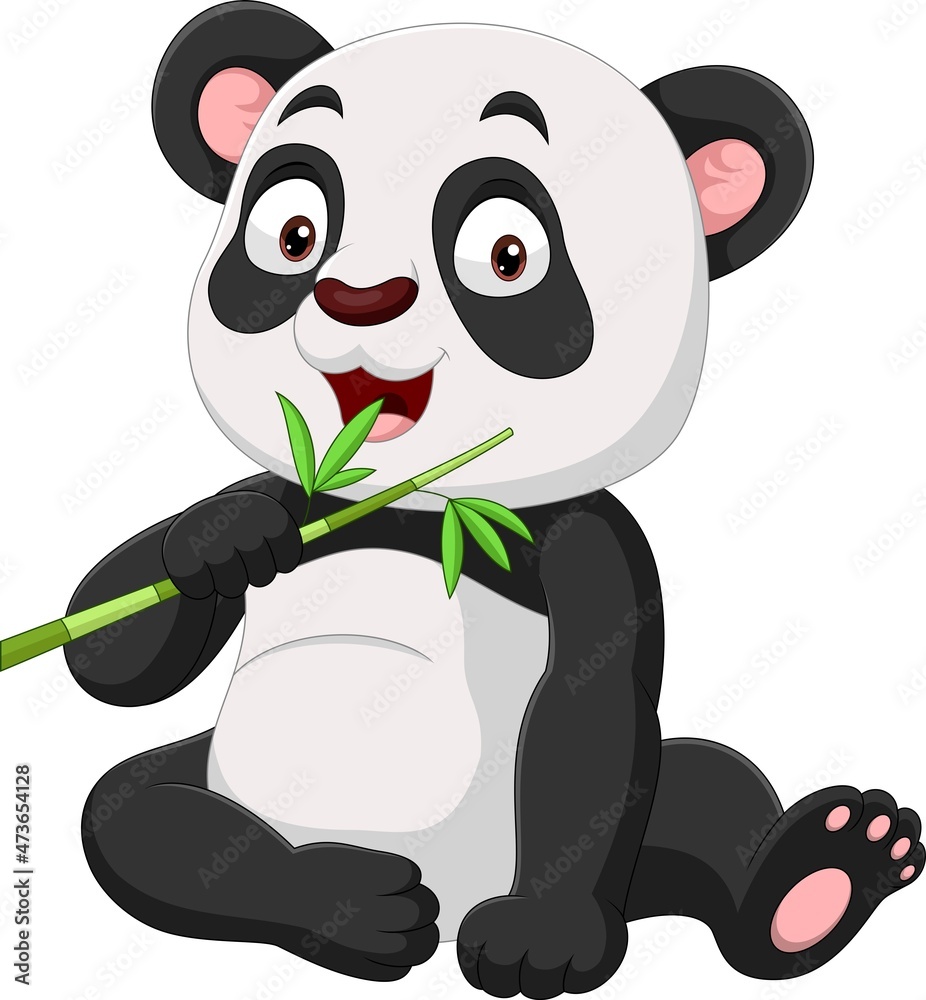Cartoon funny panda eating bamboo leaves Stock Vector | Adobe Stock