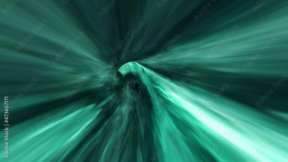 Abstract dark green spiral glowing hyperspace warp tunnel flying lines ...