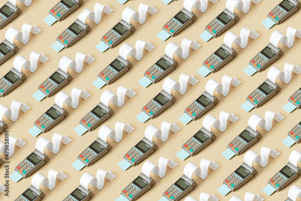 Pattern of payment terminals with receipts Stock Photo | Adobe Stock