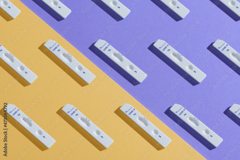 Angled view of the items from a used COVID-19 test kit showing a ...