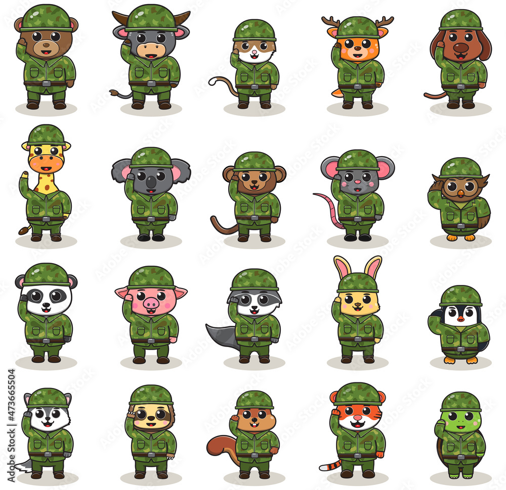 Set of Animal soldiers salute. Cute Animal Army cartoon. flat animal ...