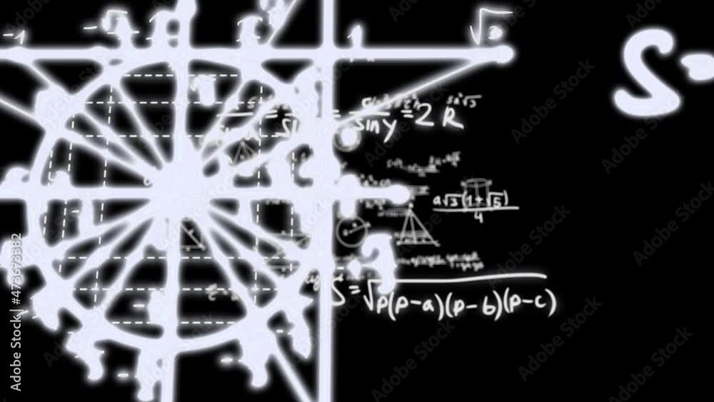 Looming geometric formulas. White neon numbers on a black background. A ...