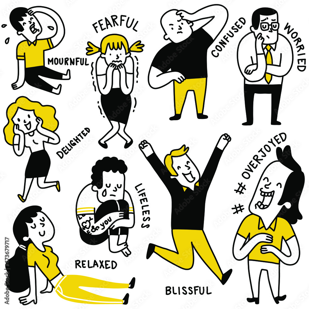 Doodle illustration set of various people expressing emotion in many ...