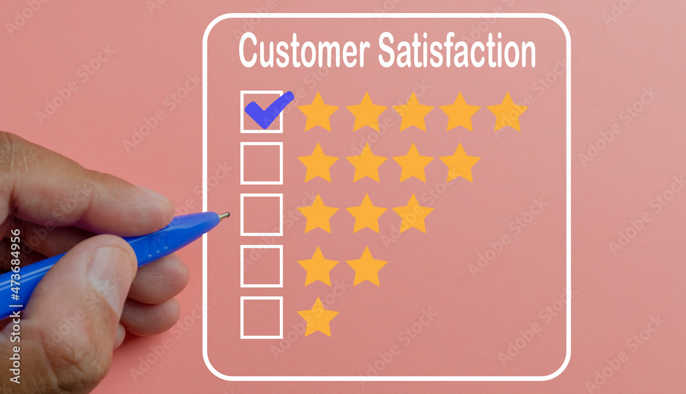 Customer satisfaction concept.,hand drawing blue checkmark on five star ...