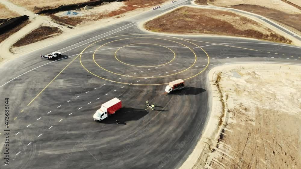 Aerial view of completion of road construction of testing ground for ...