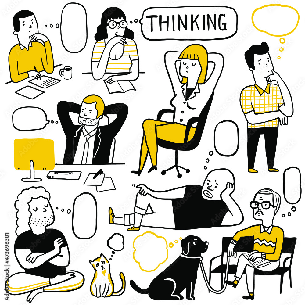 Doodle illustration collection of various people are thinking, dreaming ...