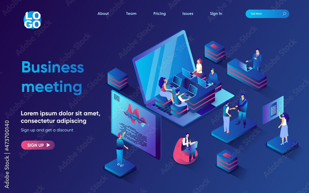 Business meeting concept isometric landing page. Team discuss work ...