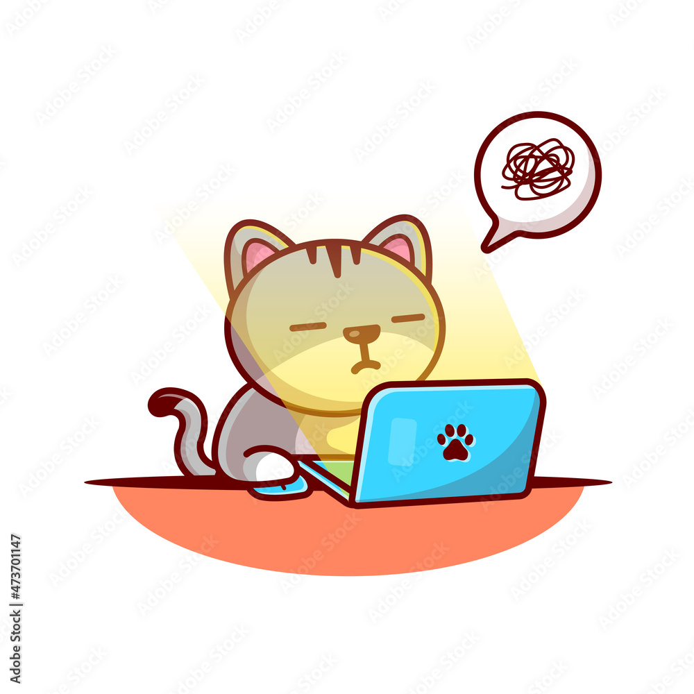 Cute Cat Working On Laptop Cartoon Vector Icon Illustration. Animal ...