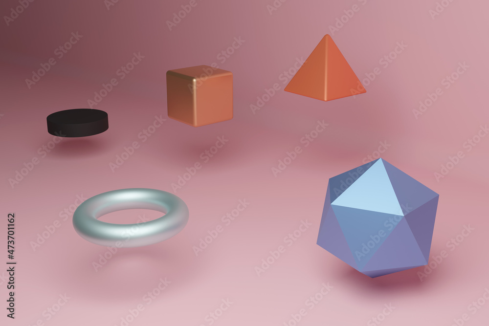 An abstract scene with multi-colored geometric bodies hanging in the ...