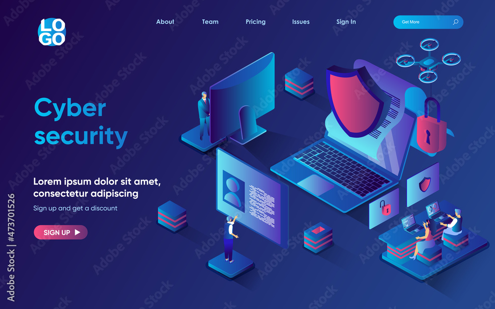 Cyber security concept isometric landing page. Protection of personal ...
