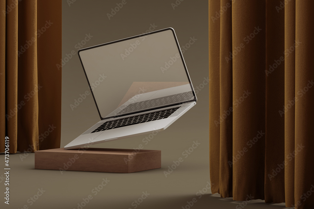 Laptop suspended between curtains Stock Photo | Adobe Stock