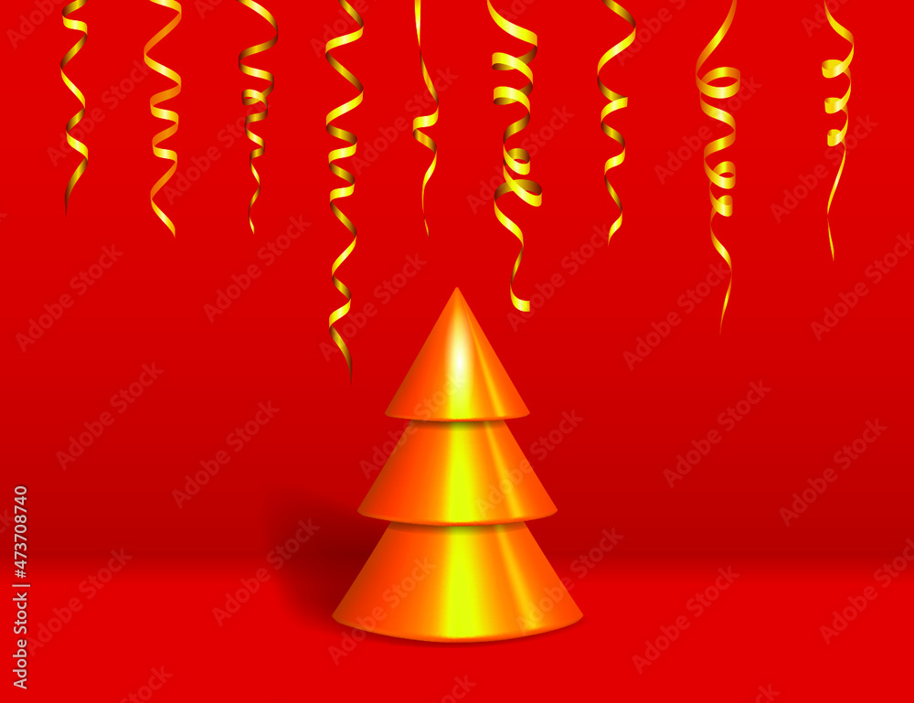 Golden Christmas tree and streamers. Realistic Christmas decor. Festive ...