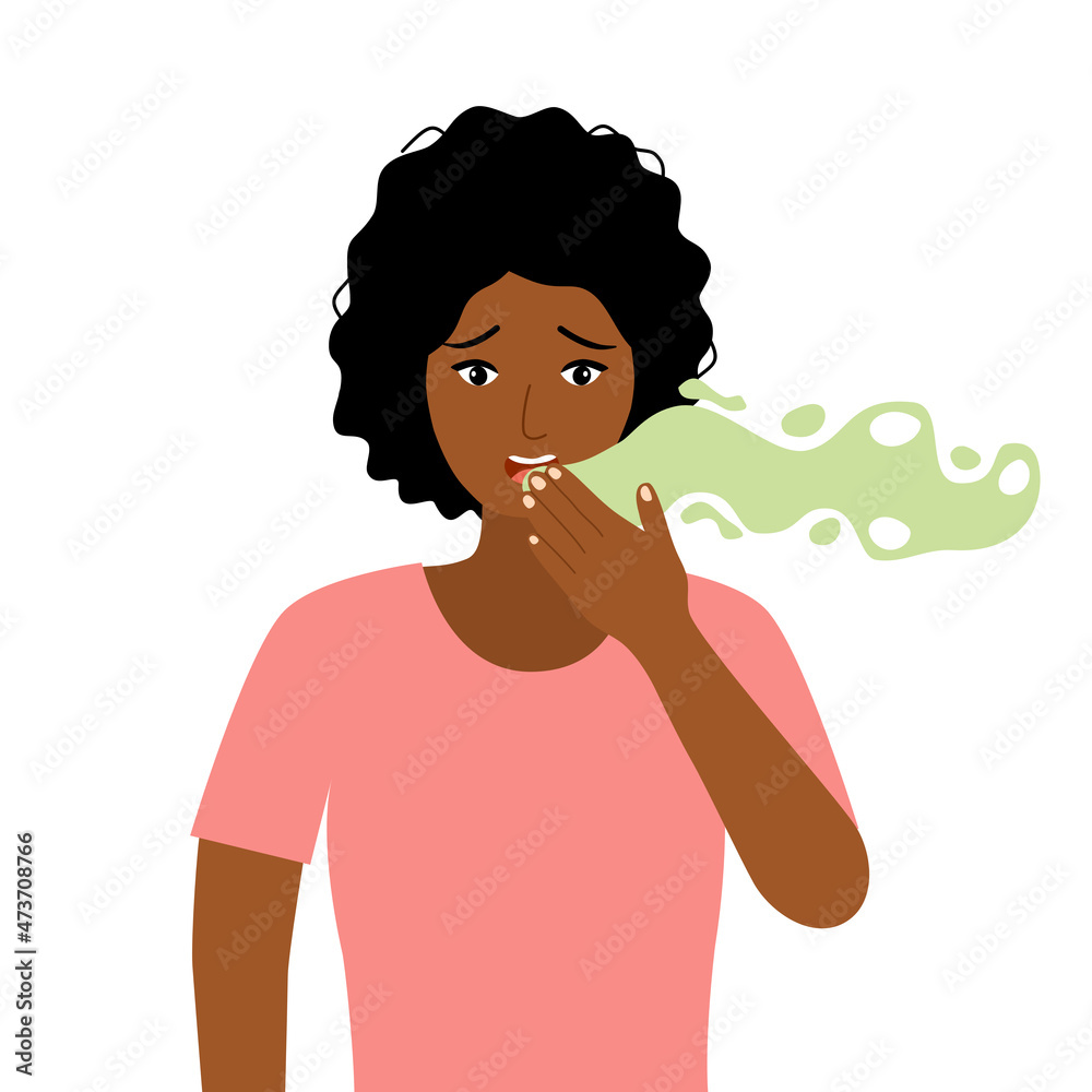 African woman with bad breath in flat design on white background ...