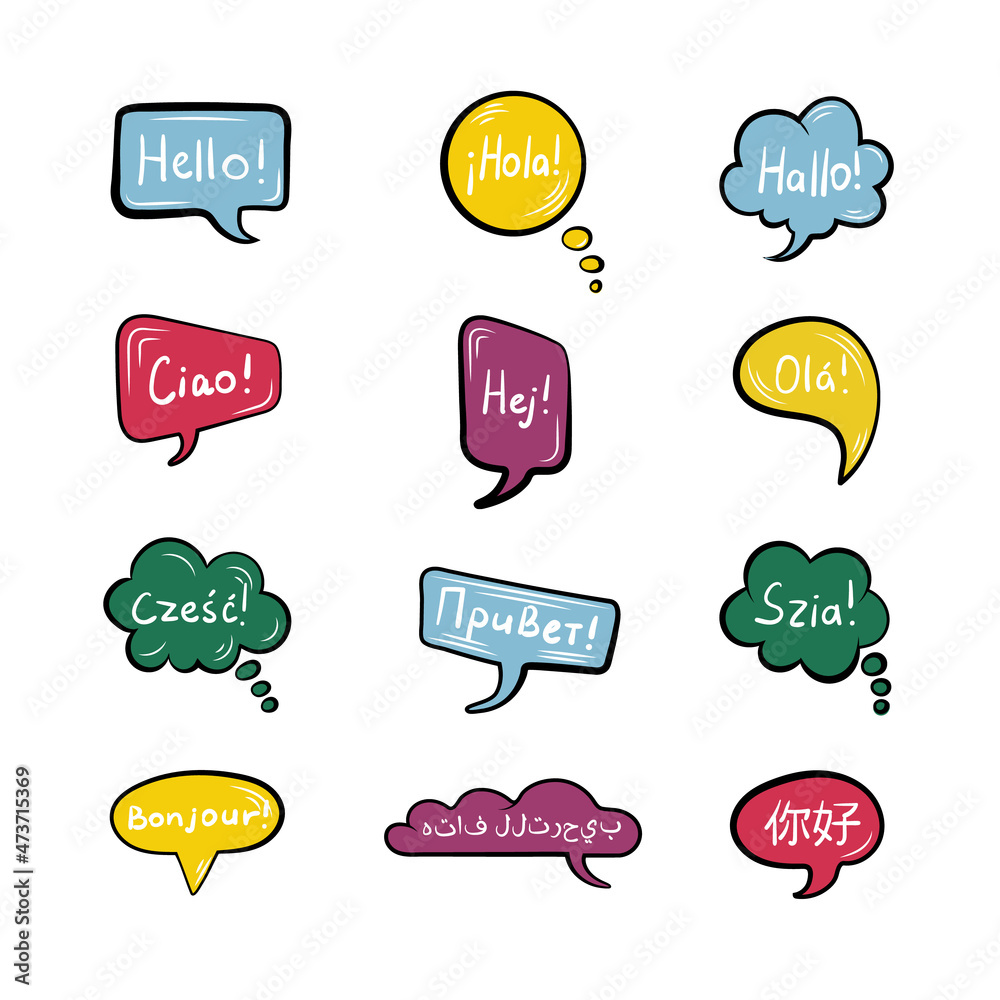 Set of Speech Bubbles with Hello Words, Different Languages, Flat Set ...