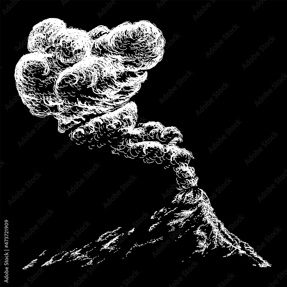 volcanic eruption drawing vector illustration isolated on black ...