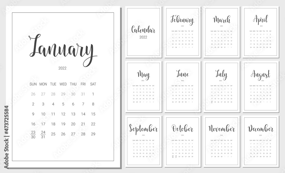 Vector Calendar Planner for 2022 Year. Handwritten lettering. Set of 12 ...