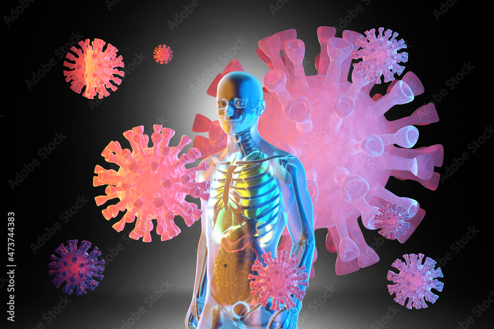 Three dimensional render of giant virus cells floating around human ...