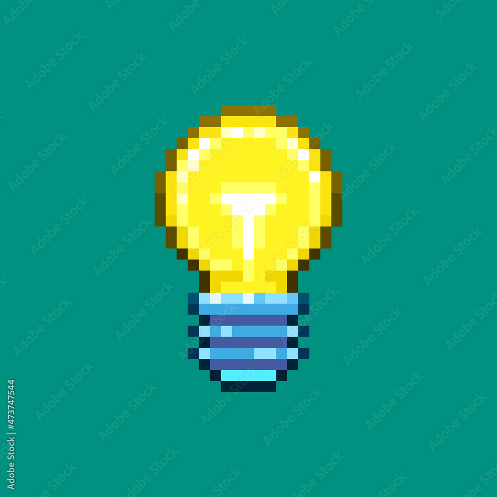 simple vector pixel art sign of cartoon yellow light bulb on green ...