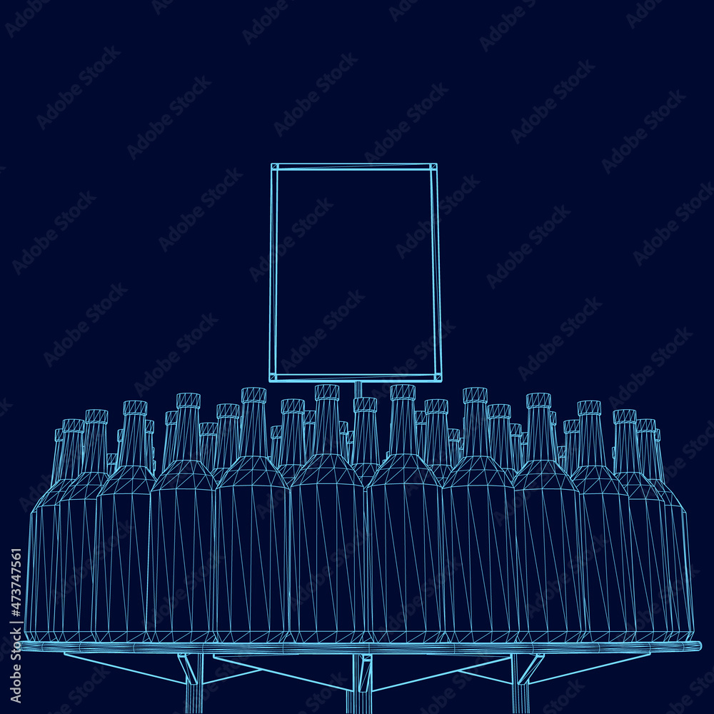 Wireframe of a circular counter with many bottles from blue lines ...