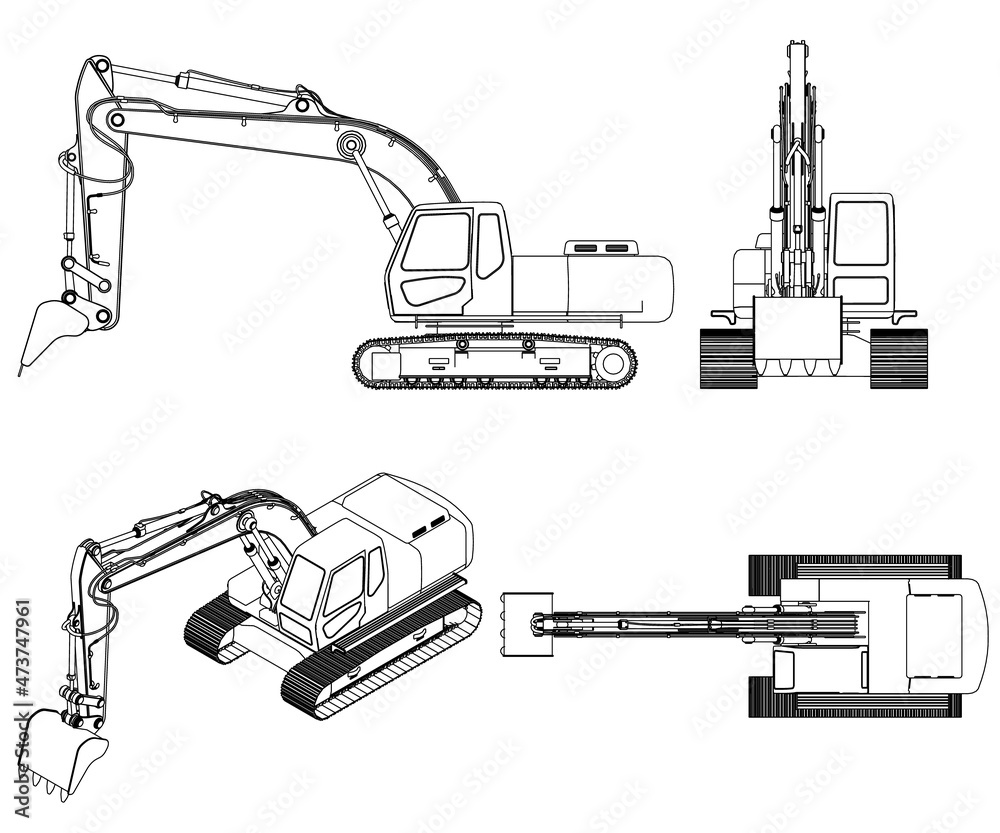 Set with the contours of the excavator from black lines Isolated on ...