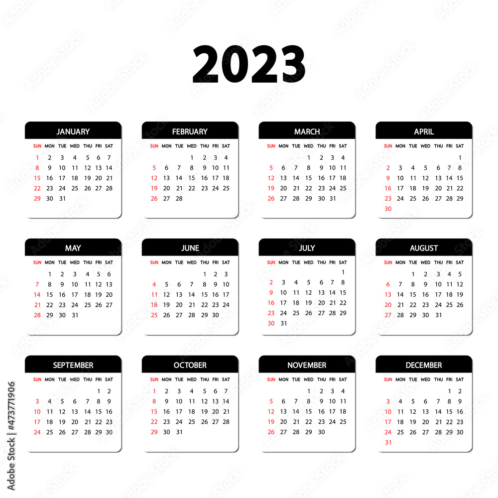Calendar 2023 year. The week starts Sunday. Annual English calendar ...