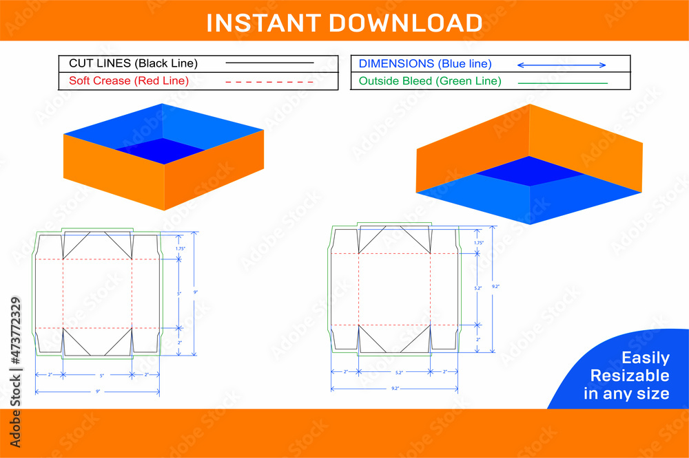 Lid box or collapsible 4 cornar tray box dieline template and 3D render ...