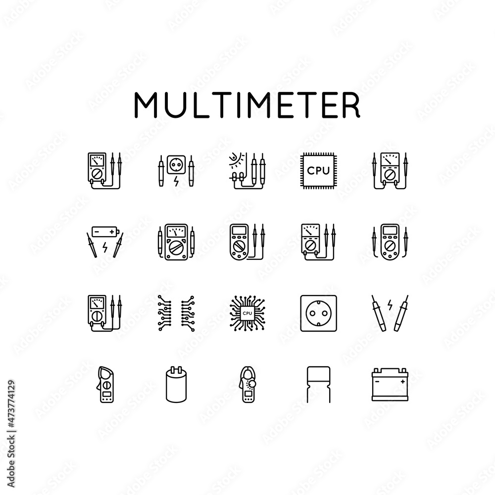 Set of vector icons on topic of a measuring device. Presented digital ...