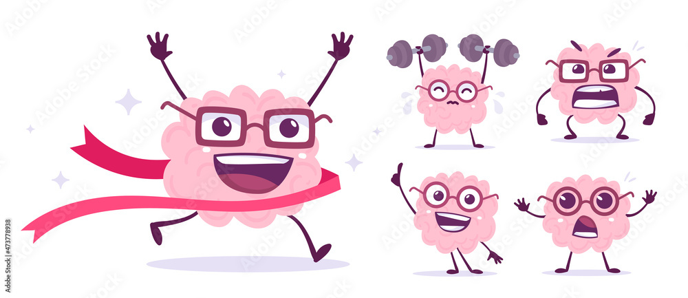 Vector set of creative illustration of happy brain character in ...