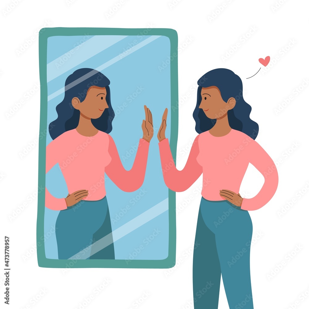 Black woman looks in the mirror and gives the reflection a high five ...