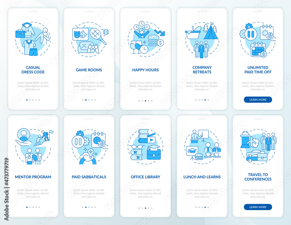Employee benefits onboarding mobile app page screen. Bonuses for ...