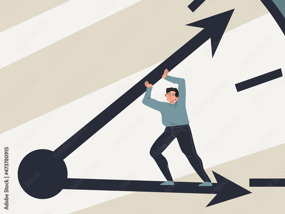 Young man pushing an arrow of giant clock. Male character trying to ...