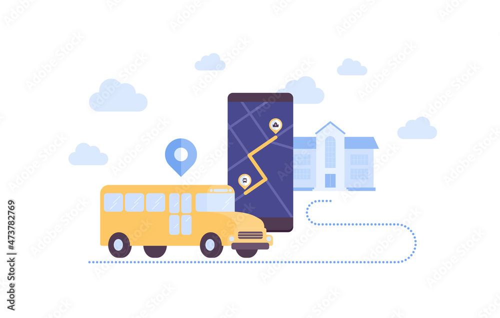 Education concept. Vector flat illustration. School bus track system ...