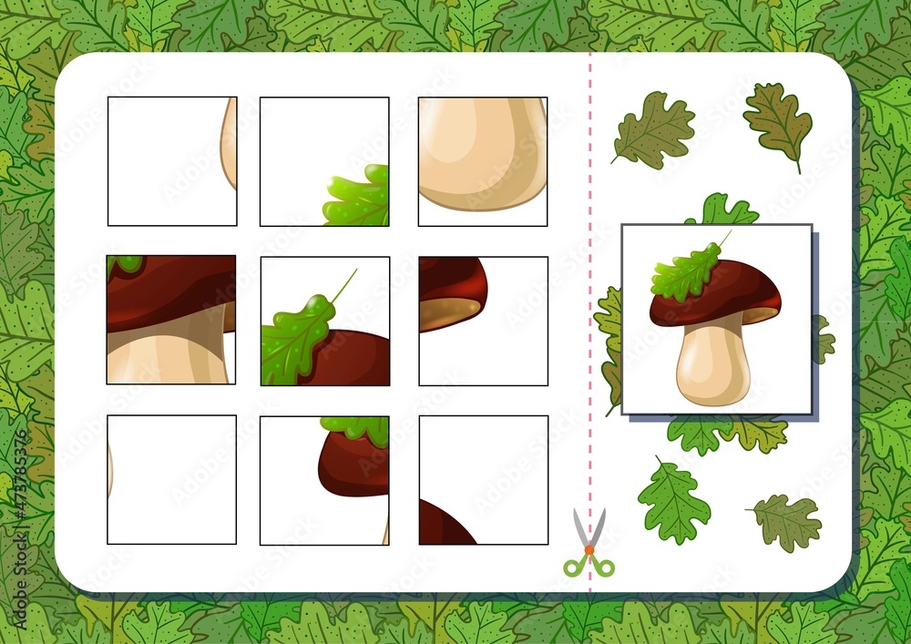 Printable A4 page puzzle game with mushroom. Cut and play. Vector ...