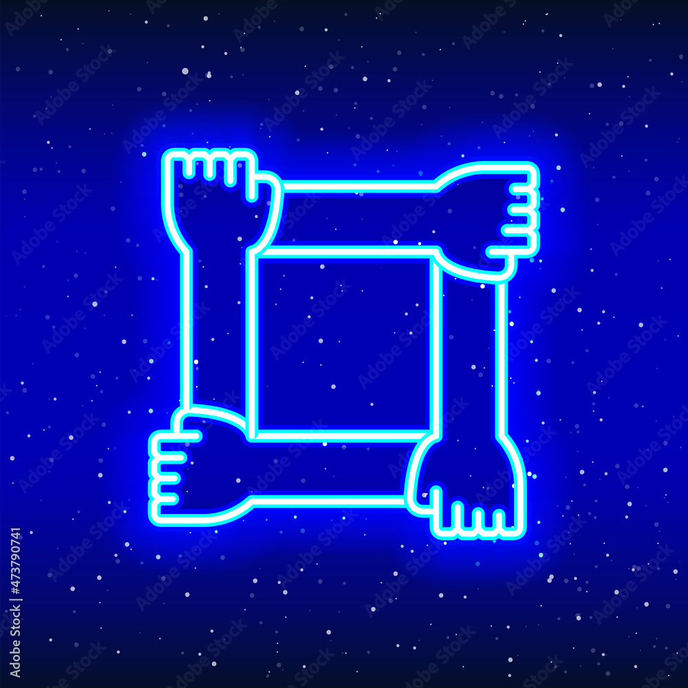 Neon luminous solidarity hand design. Intertwined hands. Linear hand ...