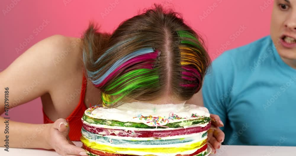 The girl falls face down in the cake. Birthday. Stock Video | Adobe Stock