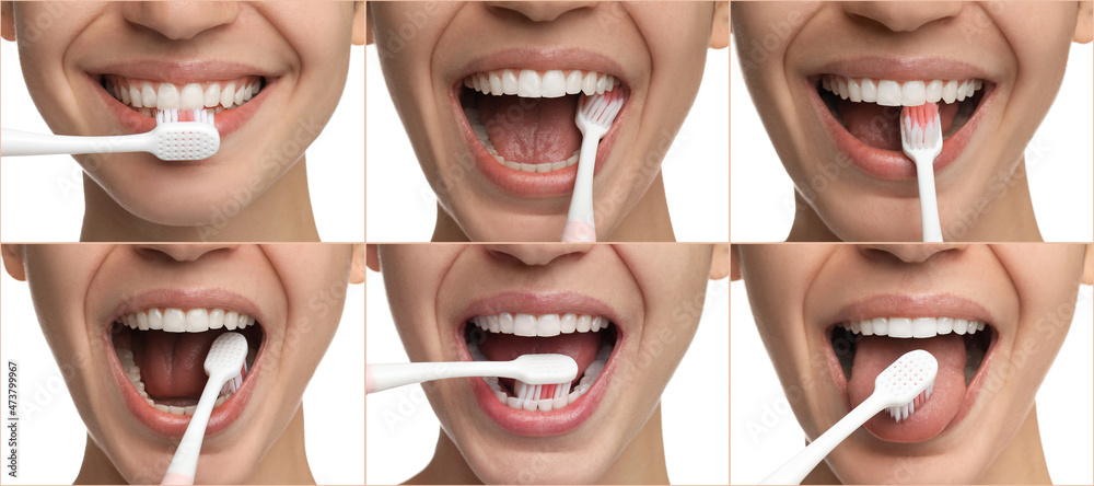Collage with photos of woman brushing teeth on white background ...