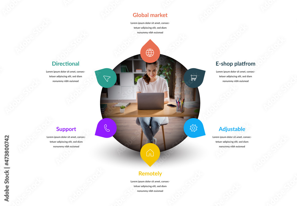 Infographic with Central Photo Placeholder and 6 Options for Business ...