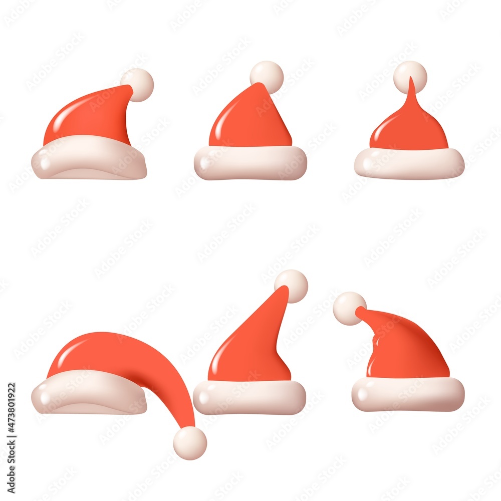 Realistic 3d Detailed Red Santa Hats Set Symbol of Season Holiday and ...