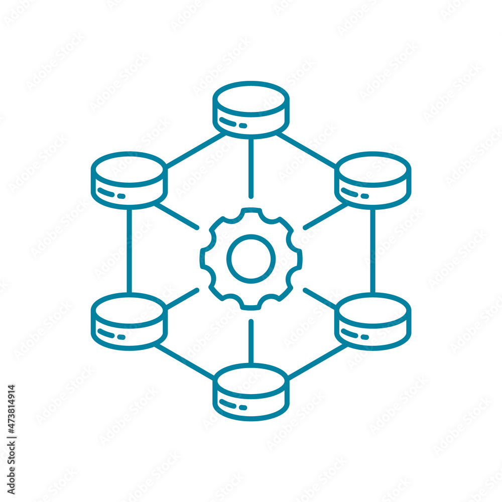 Database servers with a gear. Big data framework line icon. Data ...