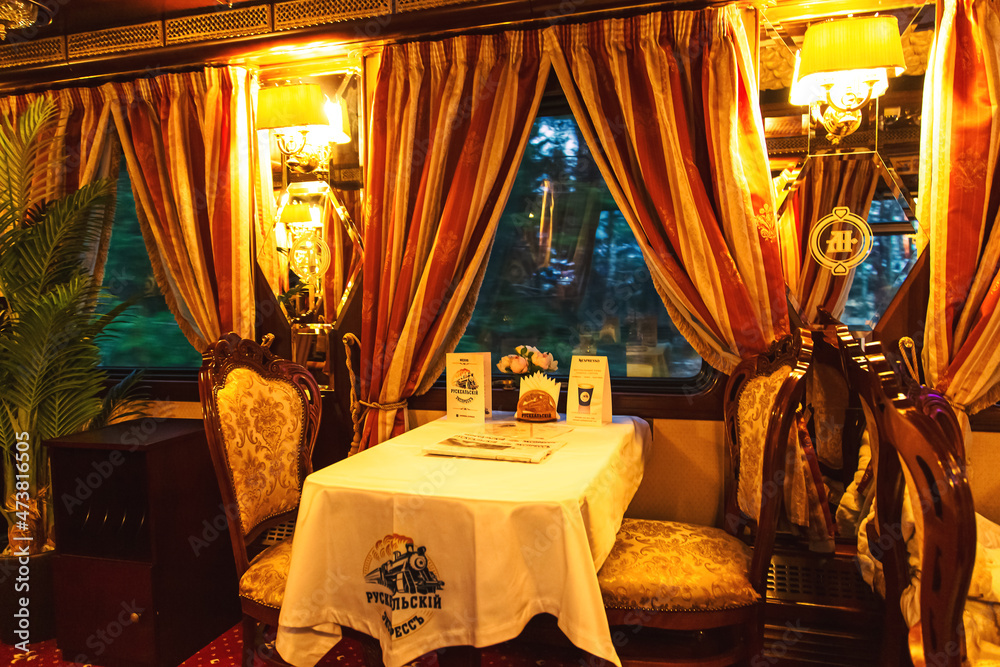 Interior of luxury vintage old train carriage. Retro train from the ...