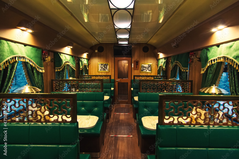 Interior of luxury vintage old train carriage. Retro train from the ...