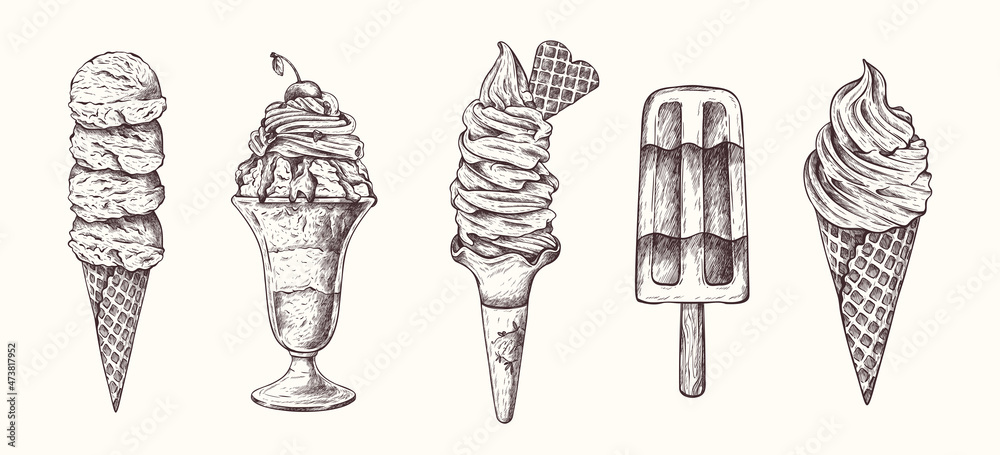 Vector hand drawn ice cream illustration in vintage engraved style ...