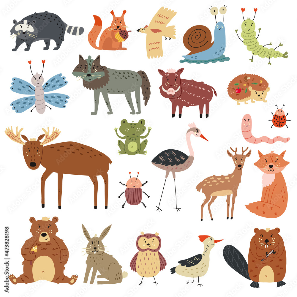 Set naive woodland forest animals. Forest clipart hand drawn creatures ...